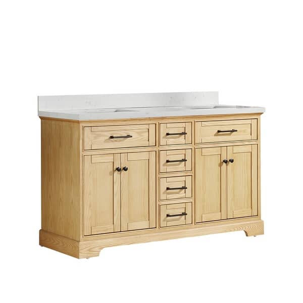 Avila 60 inch wood veneer double sink vanity with marble and ceramic ...