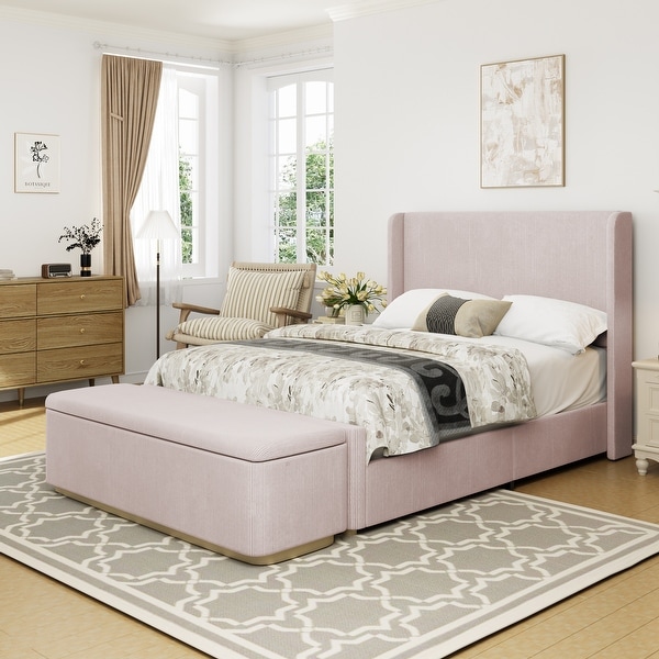 Corduroy Queen Bed Frame with Storage Ottoman and High Wingback Headboard Ideal for Modern Bedrooms Pink