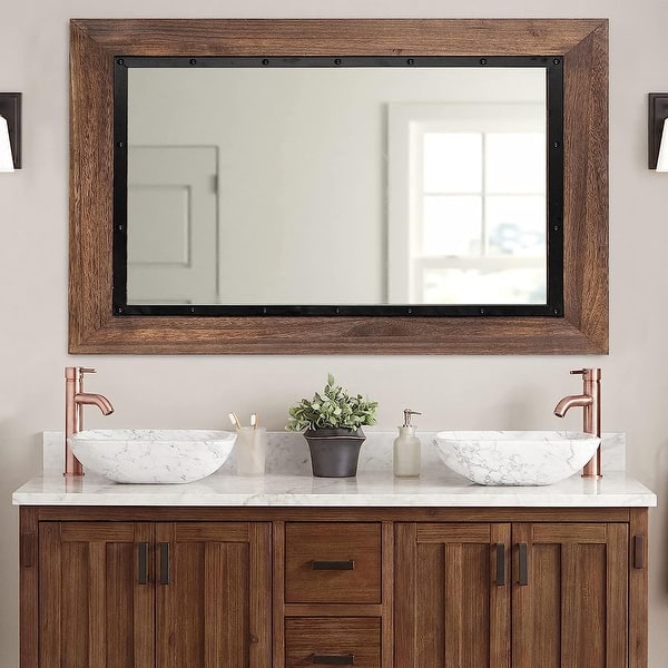 Rustic Wooden and Embedded Iron Framed Wall Bathroom Vanity Mirror ...