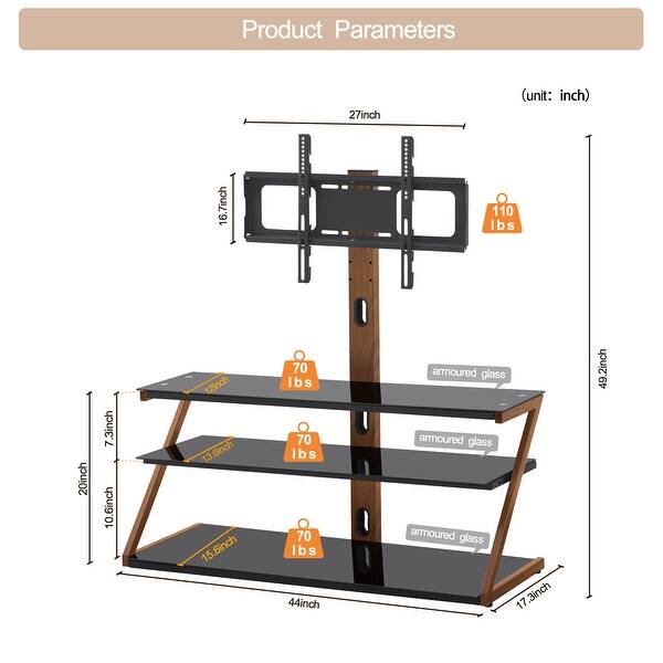 Walnut Wood Floor TV Stand Height Adjustable Rotating with 3-Layer Black Tempered Glass and Wire ...