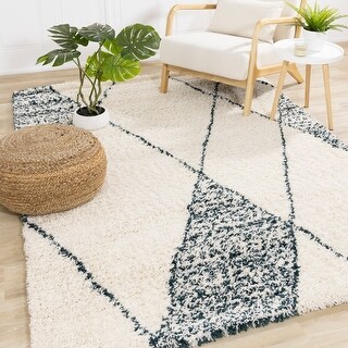 Reese Collection - Cream Teal Diamond Blocks Ribbed Shag Area Rug - Bed ...