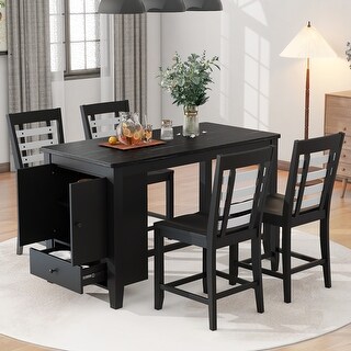 5 Piece Counter Height Black Dining Table Chairs Set with Storage - Bed ...