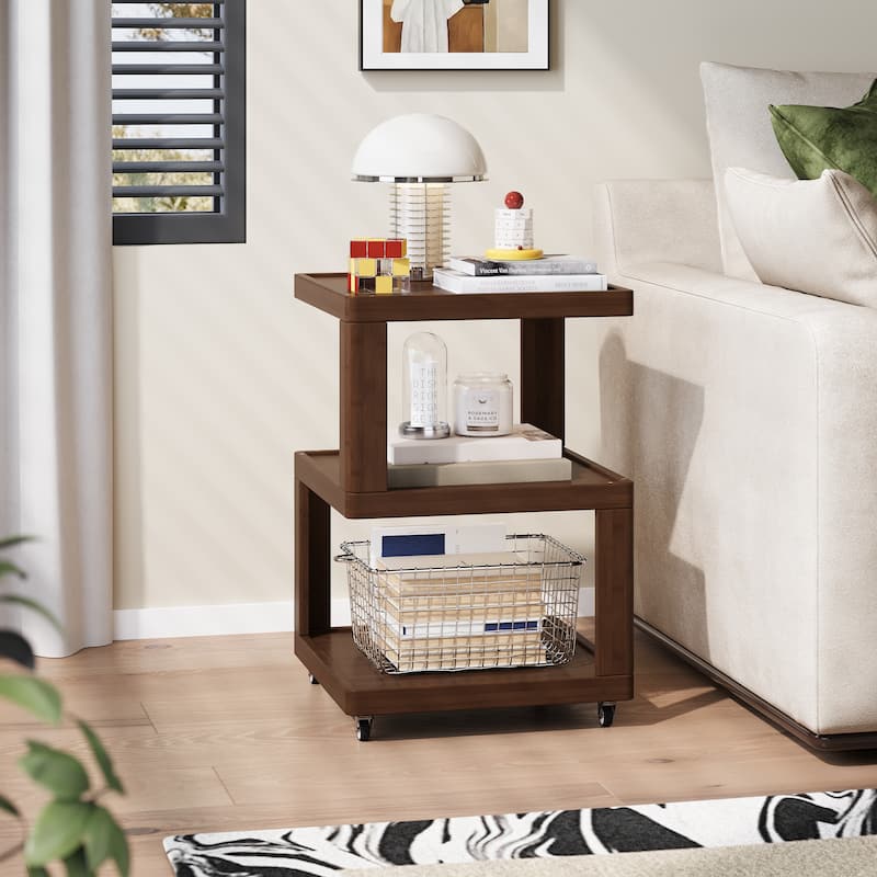 3-Tier Wooden Side Table with Casters, Mobile End Table, Storage ...