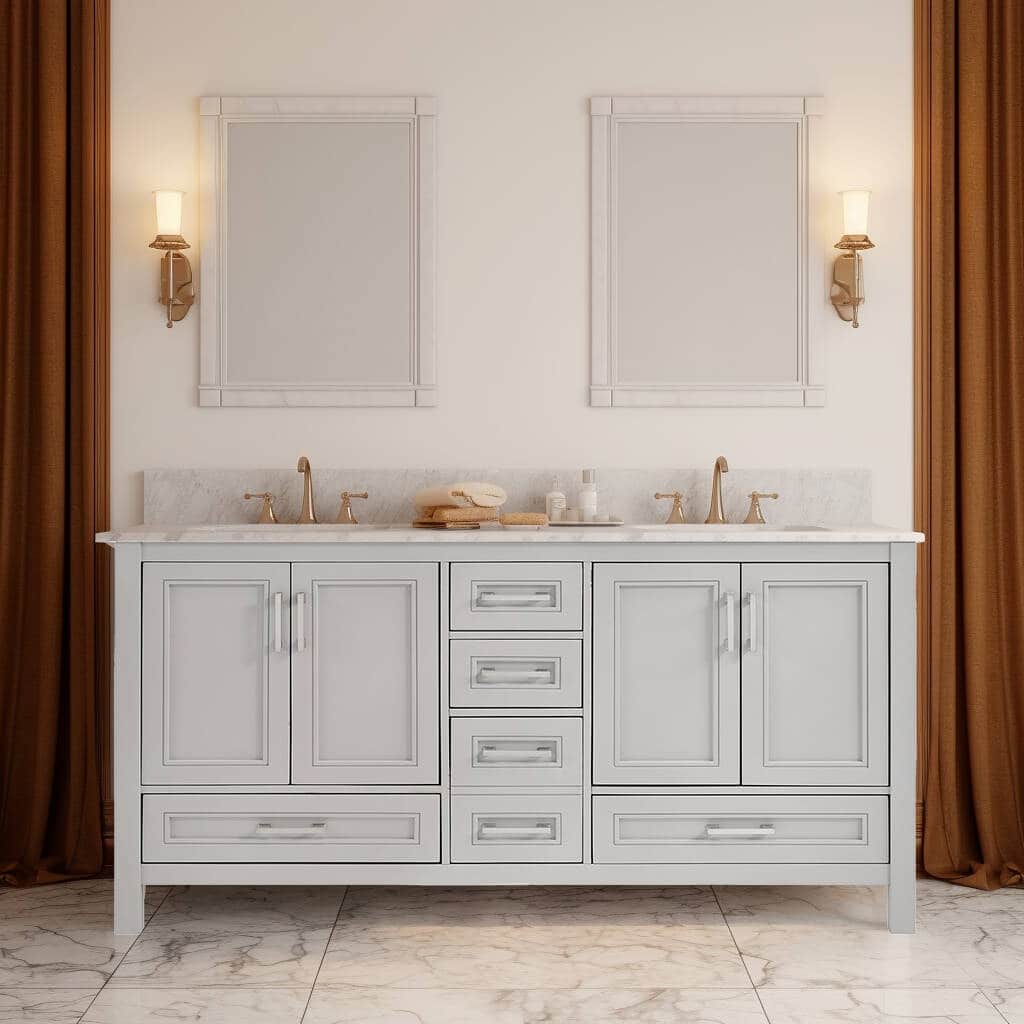 BlissVines 60 in. Grey Bathroom Vanity with Carrara Marble Top Double ...