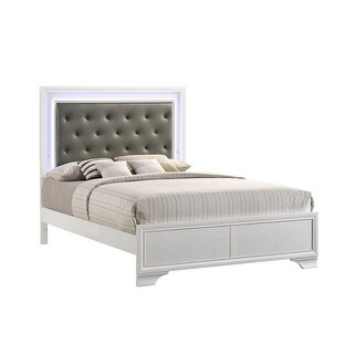Lise Queen Size Bed, Gray Fabric Upholstery, LED Lit, Modern White Wood ...
