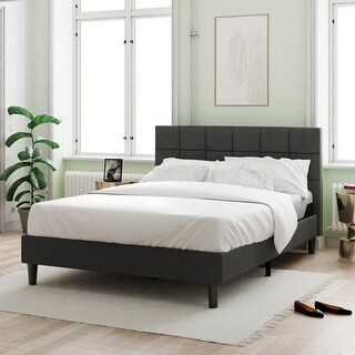 Modern King Bed Frame with Foam Padding and Classic Square Headboard ...