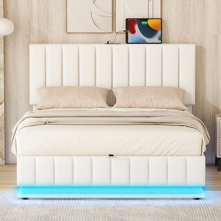 Colorful LED Lights Strip Full White Platform Bed Frame, Leather ...