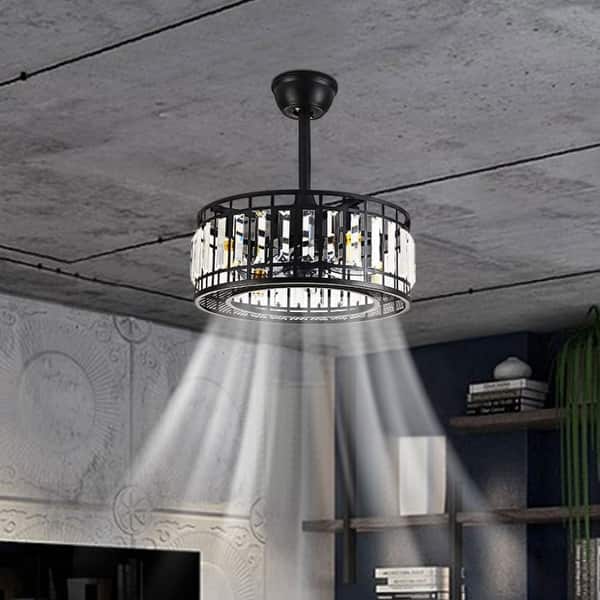 Oukaning 18" 4-Light Crystal Industrial Matte Black Metal Ceiling Fan ...