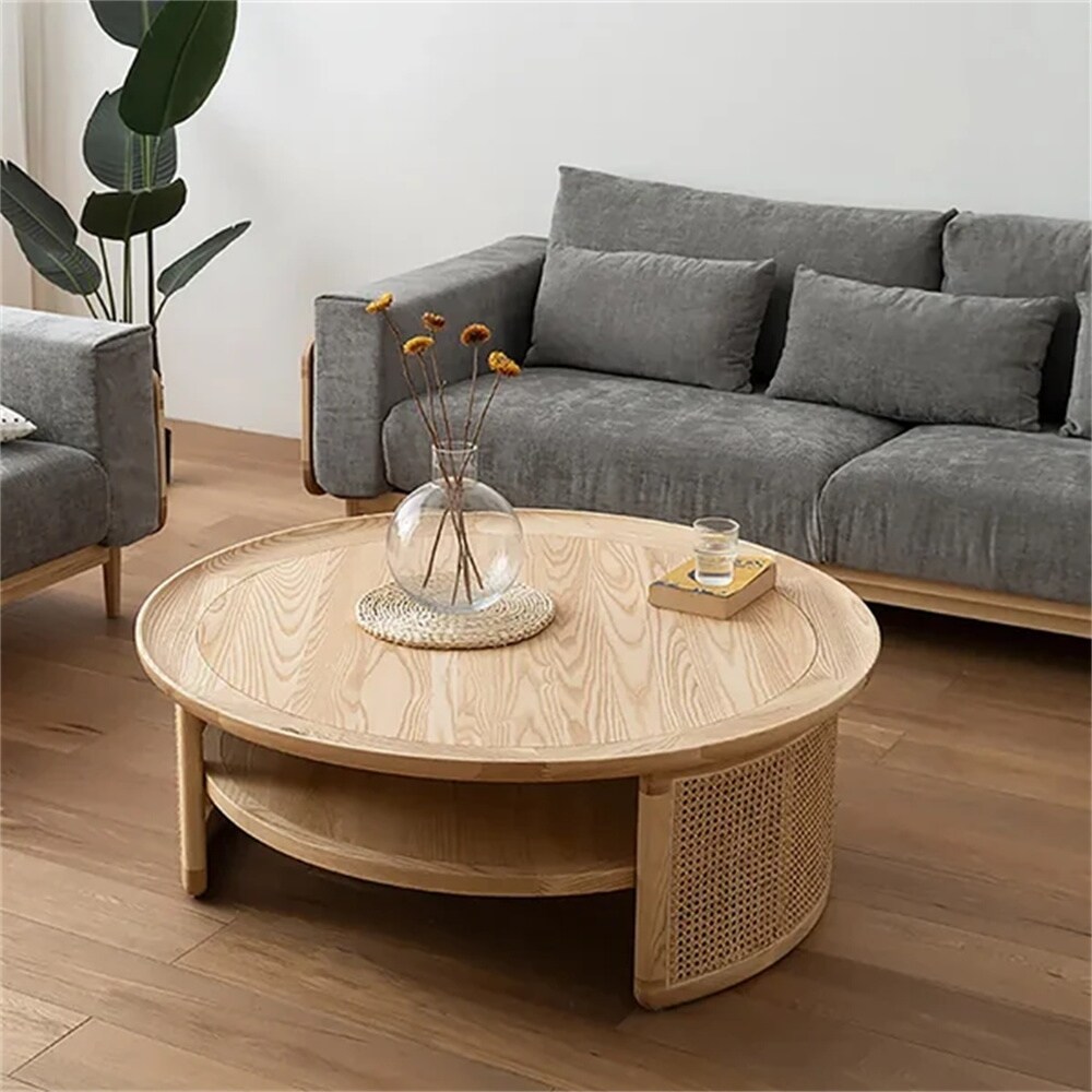JASIWAY 2-Tiered Round Wood Coffee Table with Rattan Base - On Sale ...