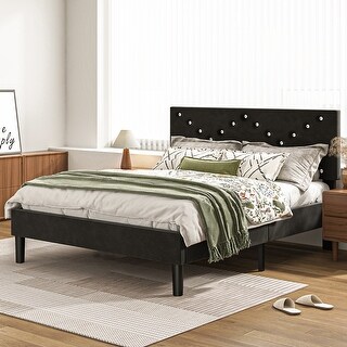Queen Size Platform Bed with Upholstered Headboard for Bedroom Wood Bed ...