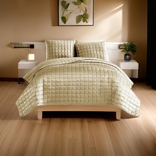 3 Piece Queen Size Coverlet Set with Stitched Square Pattern, Gold ...