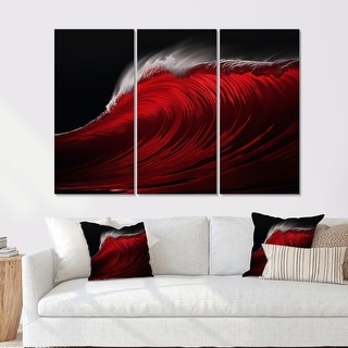 Designart "Minimalism Black Red Wave Scenery I" Coastal Canvas Set of 3 ...