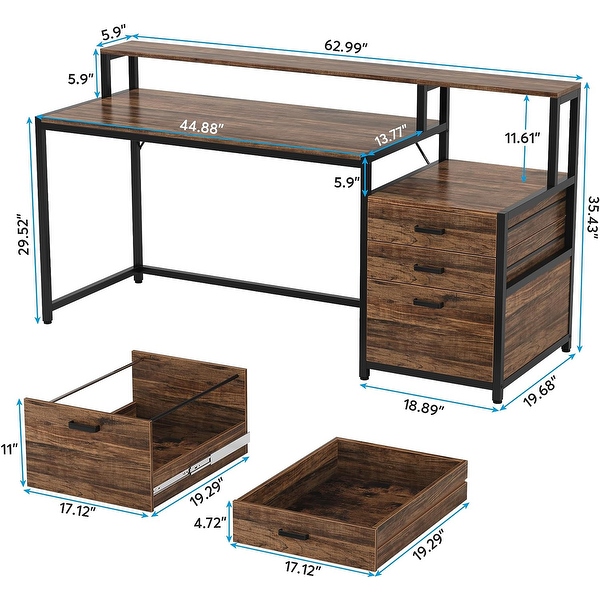 63 Computer Desk with Monitor Stand Ergonomic Home Office Desks with Drawers File Cabinet