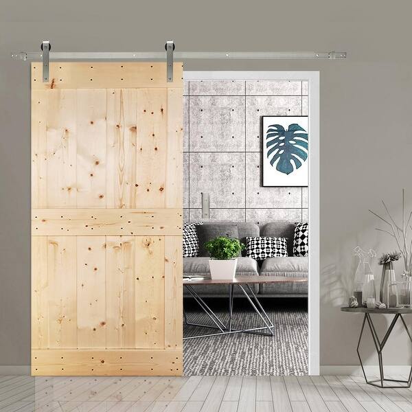 24 in x 84 in Unfinished 2 Panel Wood Barn Door with Sliding Hardware ...