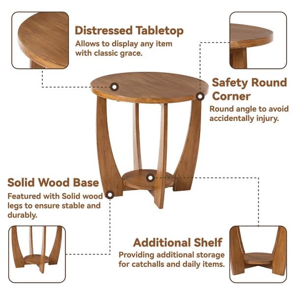 COZAYH Rustic Farmhouse End Table with Storage Shelf, French Country Accent Side Table, Round ...