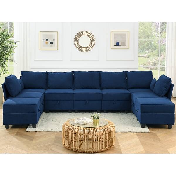 Navy 9 Seat Corduroy Storage Ottomans Sofa Modular Couch with Pocket ...