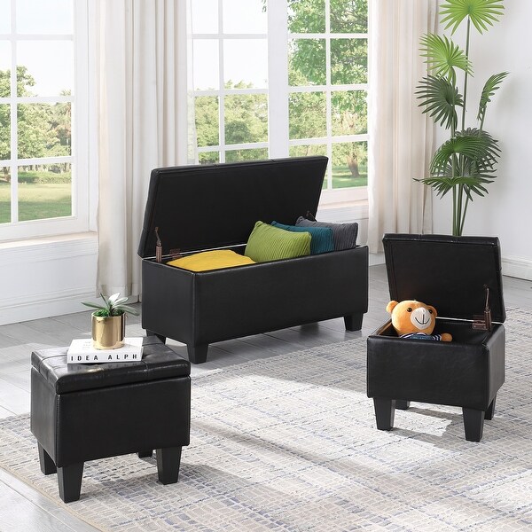 Black Leather Entryway Upholstered Storage Bench Ottoman Bench with Two Small Storage Benches Leisure Bench with Tufted On Sale Bed Bath Beyond 41286950