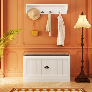Wide Hall Tree Coat Rack Entryway Storage Bench Display Cabinet, White ...