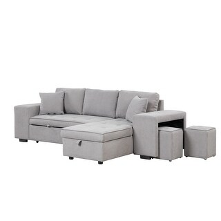 104" Sectional Sofa Pull Out Sleeper Sofa w/ Storage Chaise & 2 Stools ...