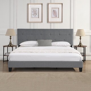 Full Grey Upholstered Bed Frame with Pull Point Tufted Headboard and ...