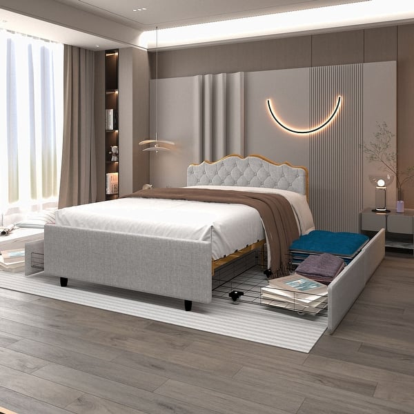 Fulll Size Metal Frame, Solid Wood Ribs Bed with Buckle Backrest ...