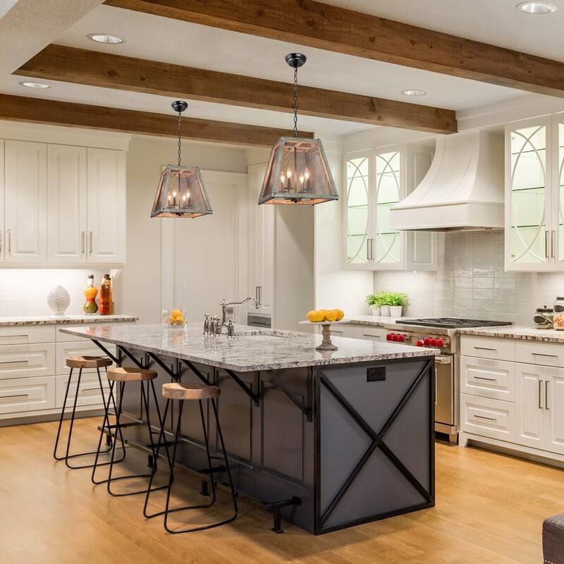 Farmhouse Rustic 4-light Wood Chandelier Trapezoidal Metal Island ...