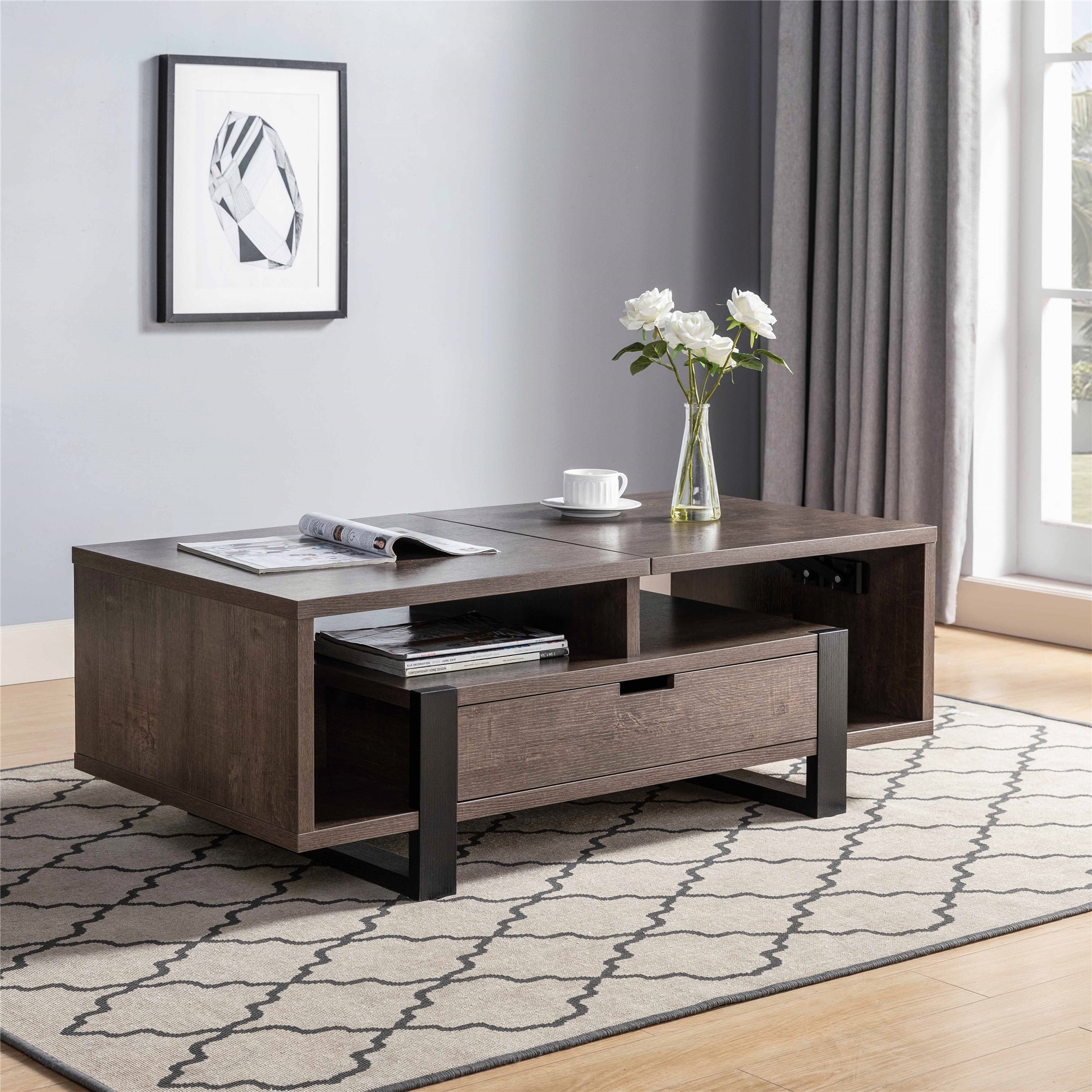 Modern White Lift Top Glass Coffee Table with Drawers & Storage - On ...