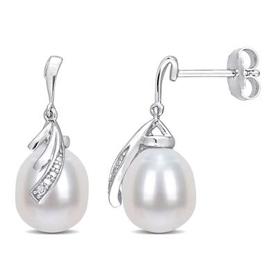 Miadora Sterling Silver Cultured Freshwater Pearl and Diamond Accent Halo Stud Earrings (8-8.5mm ...