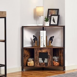 Industrial Corner Table, Triangle Side End Table with Storage Cabinet ...