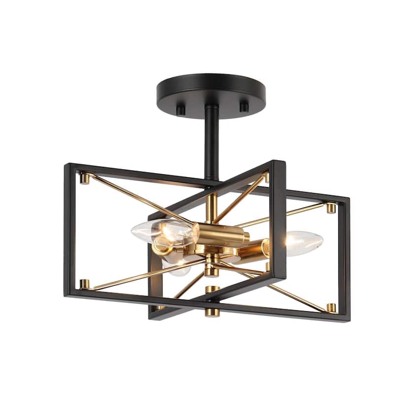 Modern Black Gold 3-Light Sputnik Semi-Flush Mount Ceiling Light Cage ...