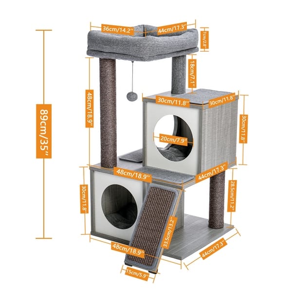 35 In. H Gray Cat Tower with Double Condos and Scratching Post - Bed ...