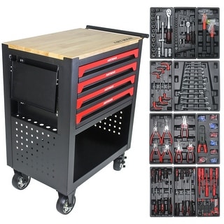 4 drawers multifunctional tool cart with tool set and wooden top - Bed Bath & Beyond - 39094076