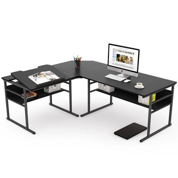 L-Shaped Desk with Drafting Drawing Table with Tiltable Tabletop - Bed ...