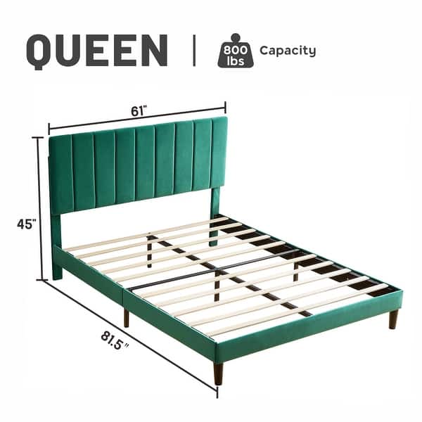 Green Platform Bed Frame with Upholstered Headboard Queen Slat Support ...