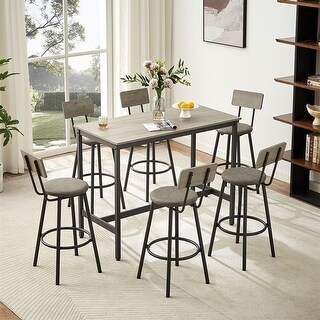 Industrial Style Pub High Dining Table 7 Piece Set, 6 PU Bar Chairs ...