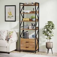 4-Tier White Bookshelf with 2 Drawers, Tall Bookcase with 4 Open Shelf ...