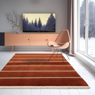 Hand Knotted Tibetan Orange Striped Wool Modern Oriental Area Rug - 4 ...