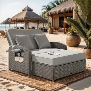 Patio Rattan Double Daybed with Cup Tray, PE Wicker 2-Person Chaise ...