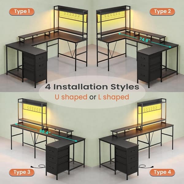 U Shaped Gaming Desk L Shaped Computer Desk 3 Drawers Shelves Pegboard ...