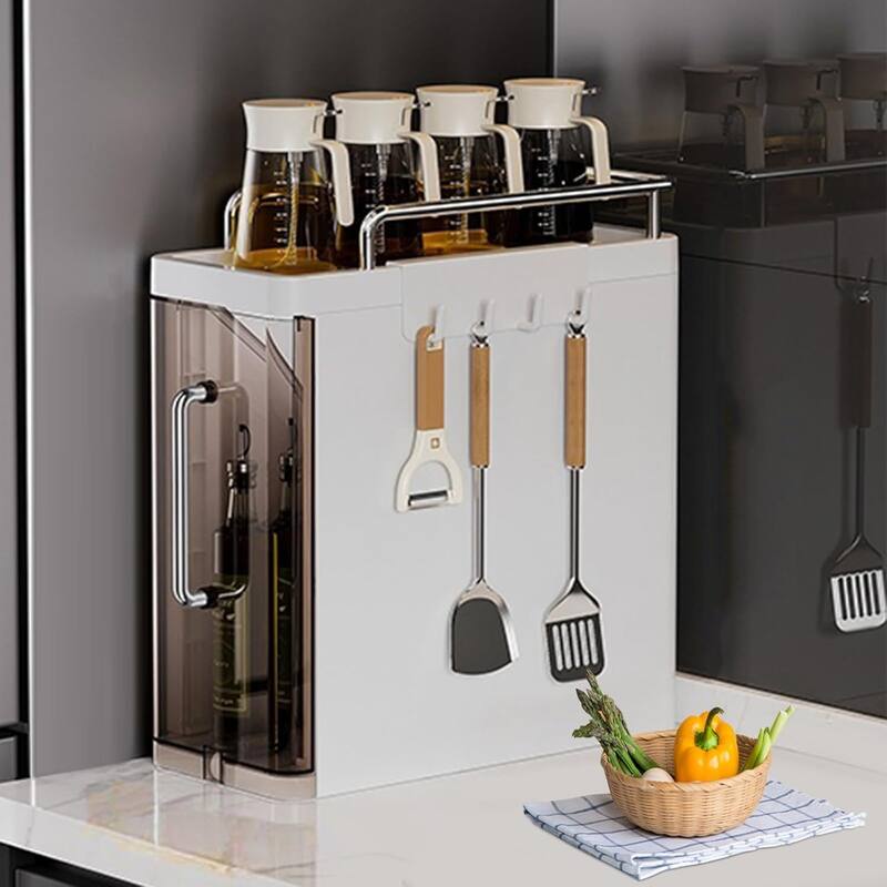 Kitchen three-layer desktop storage rack with dustproof door + 4 hooks ...
