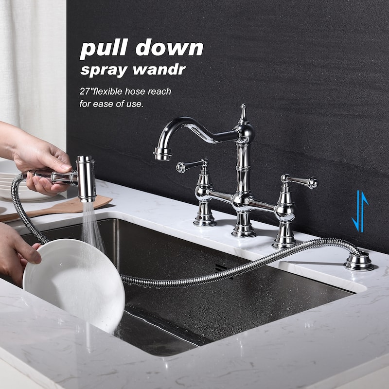 Chrome Dual Handles Kitchen Faucet With Pull-Out Side Spray in - 16.14 ...