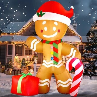 Joyfy 8ft Christmas Inflatable Gingerbread Man with Candy Cane, LED-lit ...