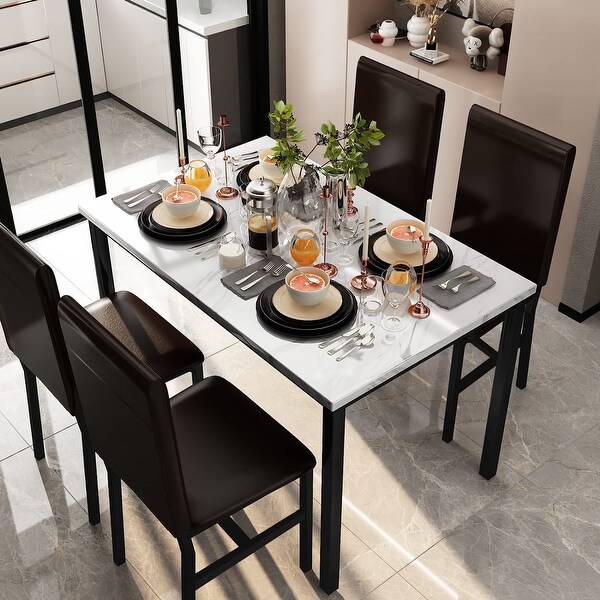 Mieres 5 Piece Dining Set Faux Marble Kitchen Table Chair Set 4 Espresso Faux Leather Metal Frame Chairs for Home Breakfast Nook White Espresso