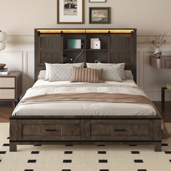 Queen Size Platform Bed with Barn Door Headboard and 2 Drawers Antique Brown