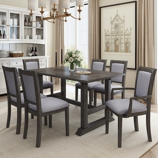 Modern 7-Piece Dining Table Set: Rubberwood Trestle Table with ...
