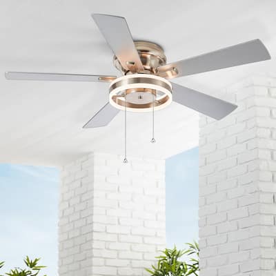 52" 5-Blade Flush Mount Ceiling Fan with LED Light Pull Chain - 52 Inch ...