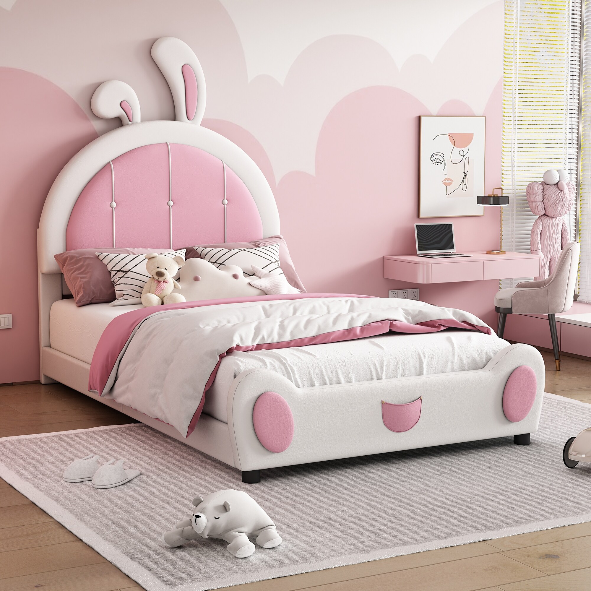 Twin Full Size Kids Platform Bed with Cute Cartoon Ears Decor on Headboard Faux Leather Bed Frame with Pocket on Footboard Pink