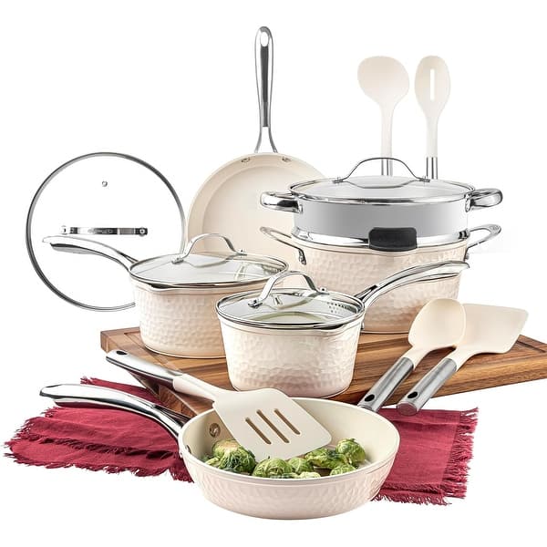 Gotham Steel Hammered Cream 15 Piece Pots and Pans Ultra Ceramic ...
