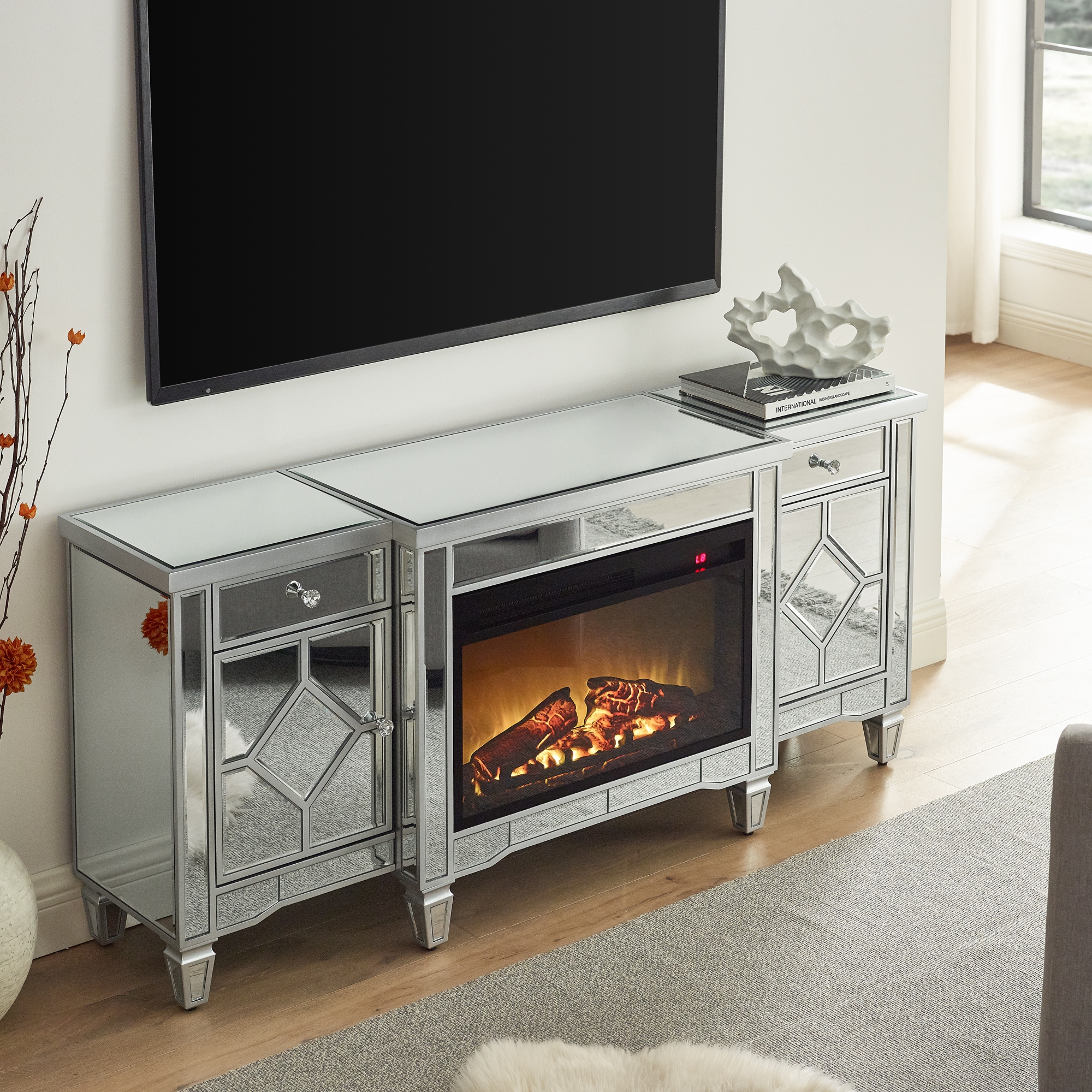 57 Electric Fireplace TV Stand Glossy Silver Cabinet with Realistic Flame Overheat Protection and Remote