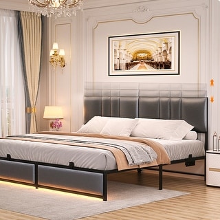 Upholstered Bed Frame with Height Adjustable Headboard,with RGB LED ...